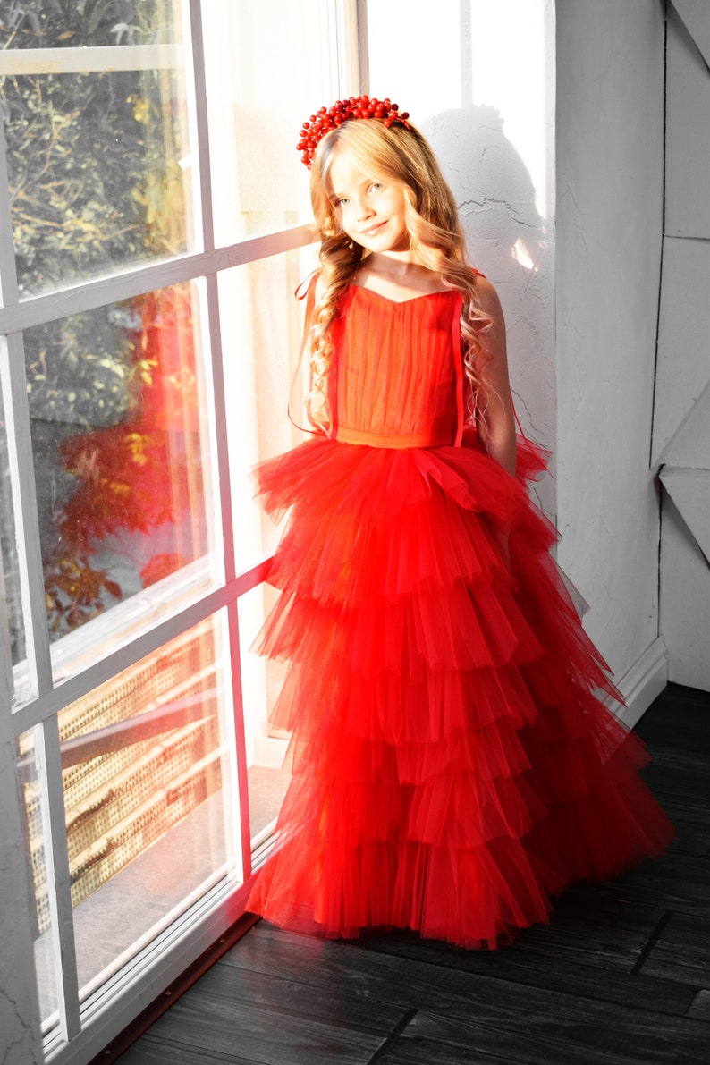 Red flower girl dress for Christmas party | Etsy