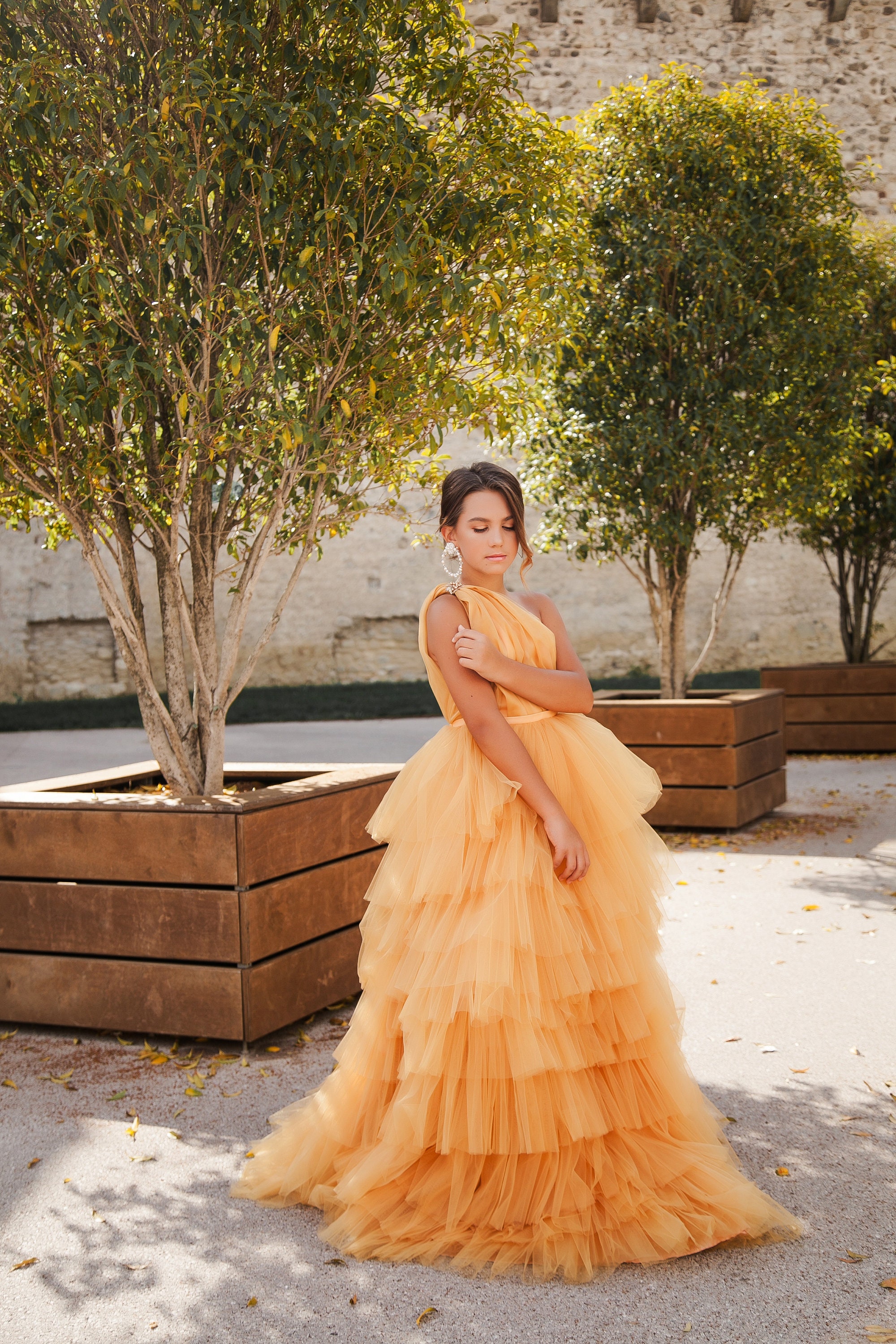 Golden Tulle Tiered Dress, Prom Dress, Women Tulle Dress, Evening Long ...