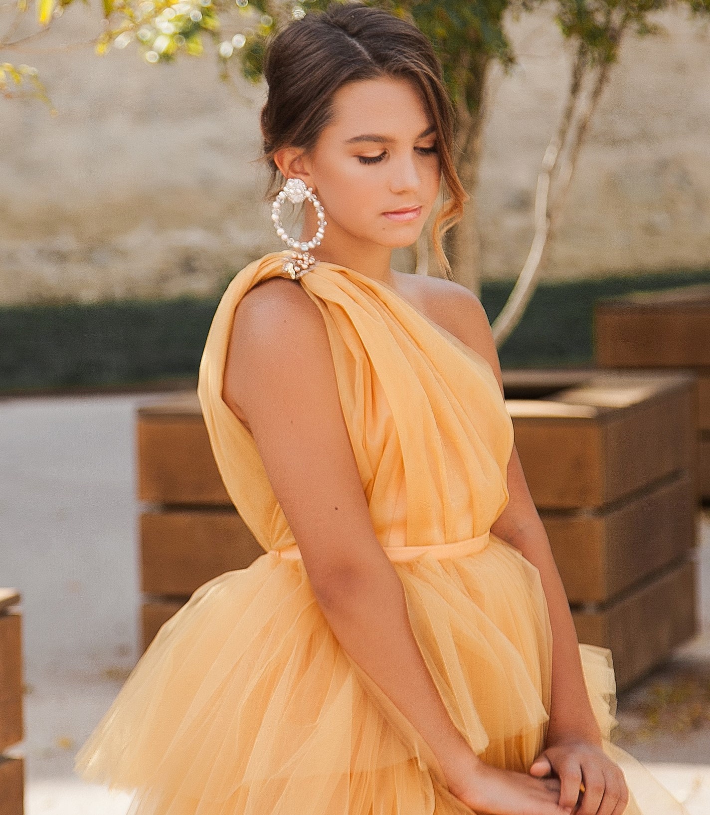 Golden Tulle Tiered Dress, Prom Dress, Women Tulle Dress, Evening Long ...