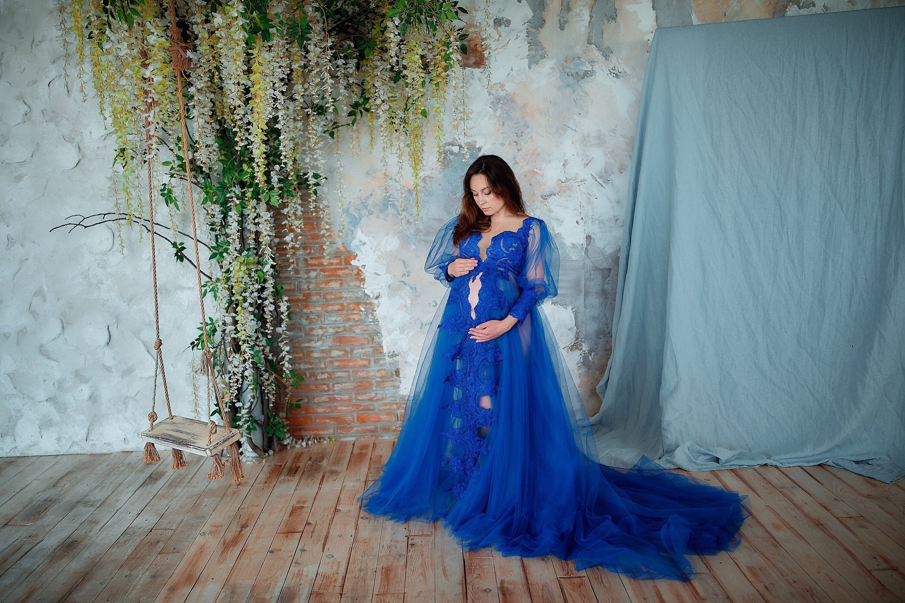 Maternity gown Blue maternity dress Sheer tulle dress Baby | Etsy