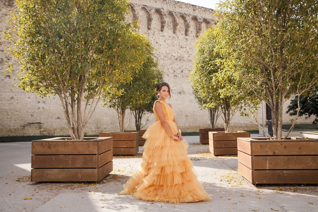 Golden Tulle Tiered Dress, Prom Dress, Women Tulle Dress, Evening Long ...