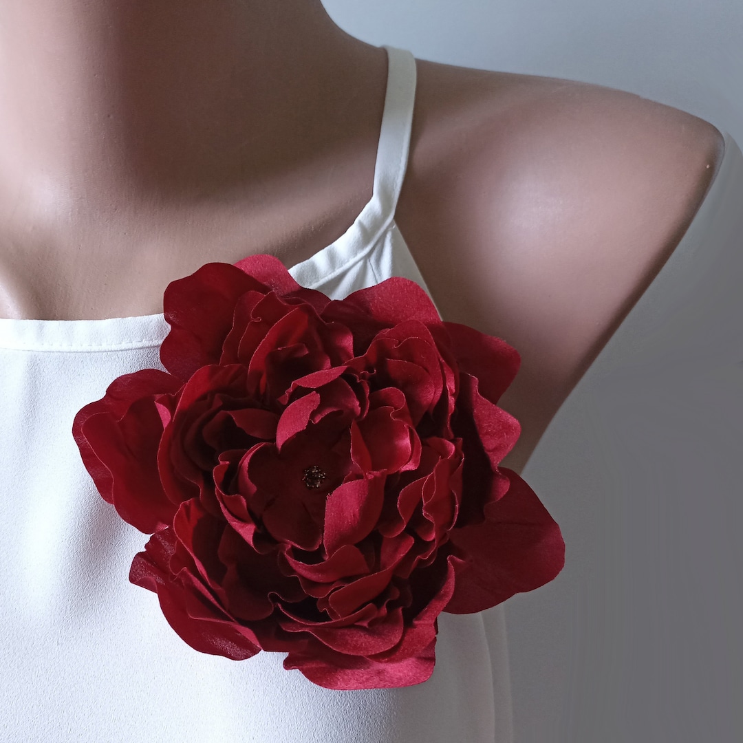 Silk Peony Flower Brooch, Large Flower Brooch, Red Pure Silk Flower Pin ...