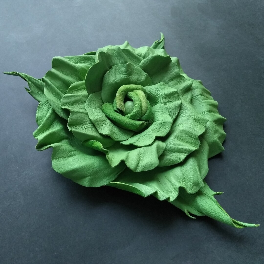 Vibrant Green Rose Brooch, Leather Flower Brooch, 3rd Anniversary Gift ...
