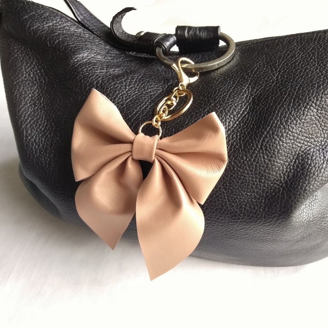 Peach Bow Leather Bag Charm, Bow Charm, Handbag Leather Rose Charm, Bag ...