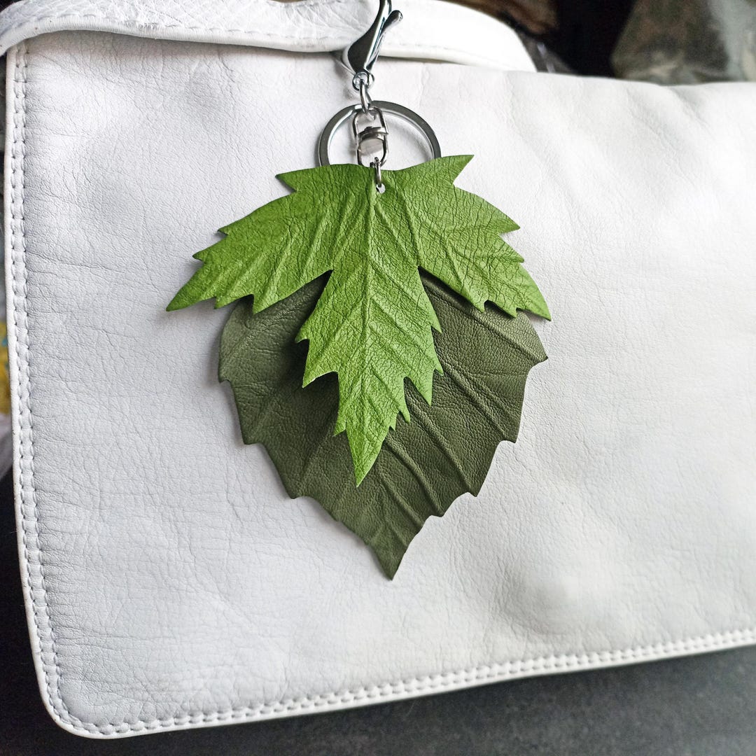 Leather Maple Leaf Bag Charm: Olive & Apple Green Fall Style - Etsy
