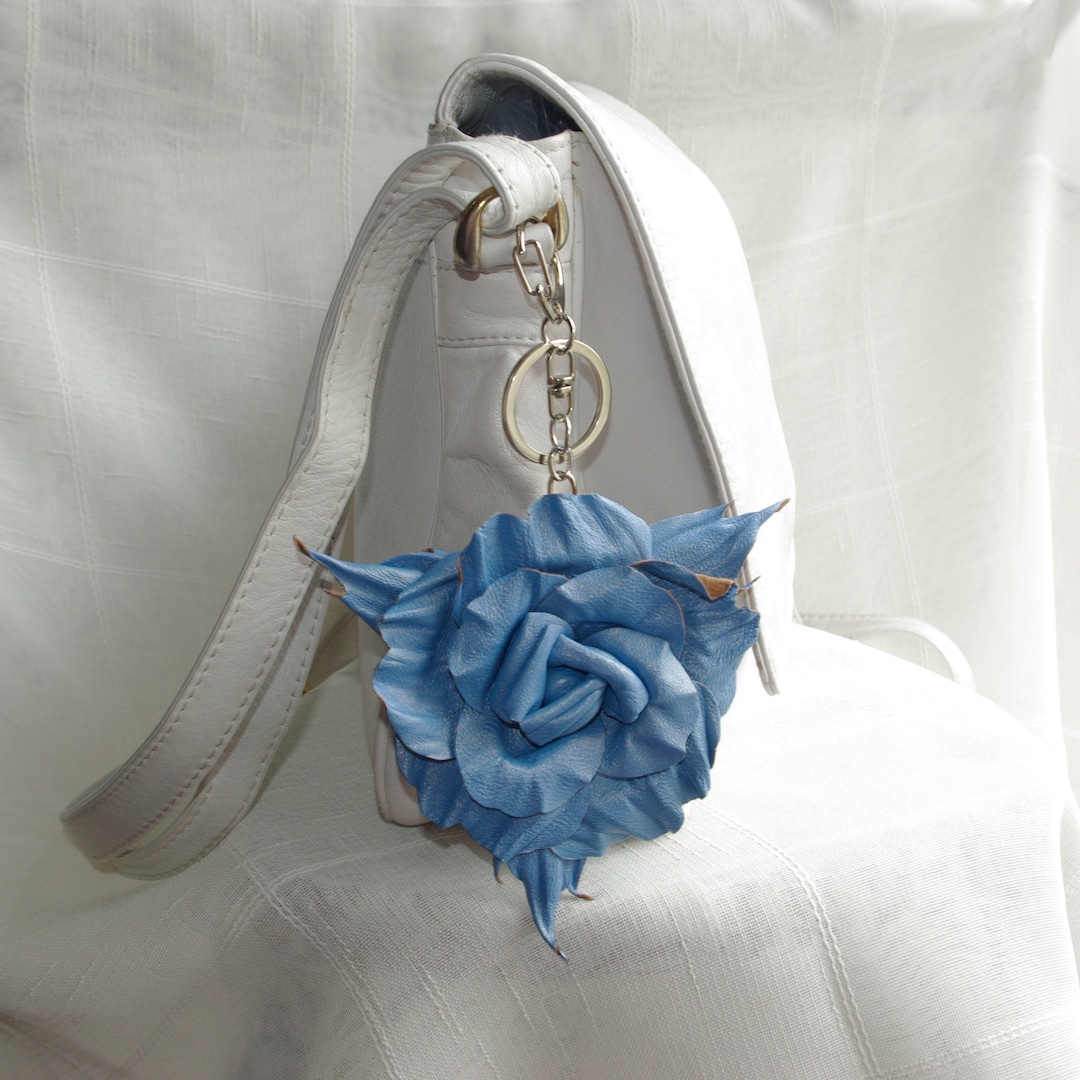 Blue Rose Leather Bag Charm, Blue Flower Purse Charm, Handbag Leather ...