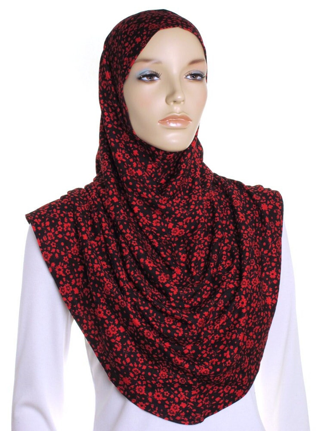 Red & Black Floral Instant Hijab, Ameera Jersey Hijab, Ready to Wear ...