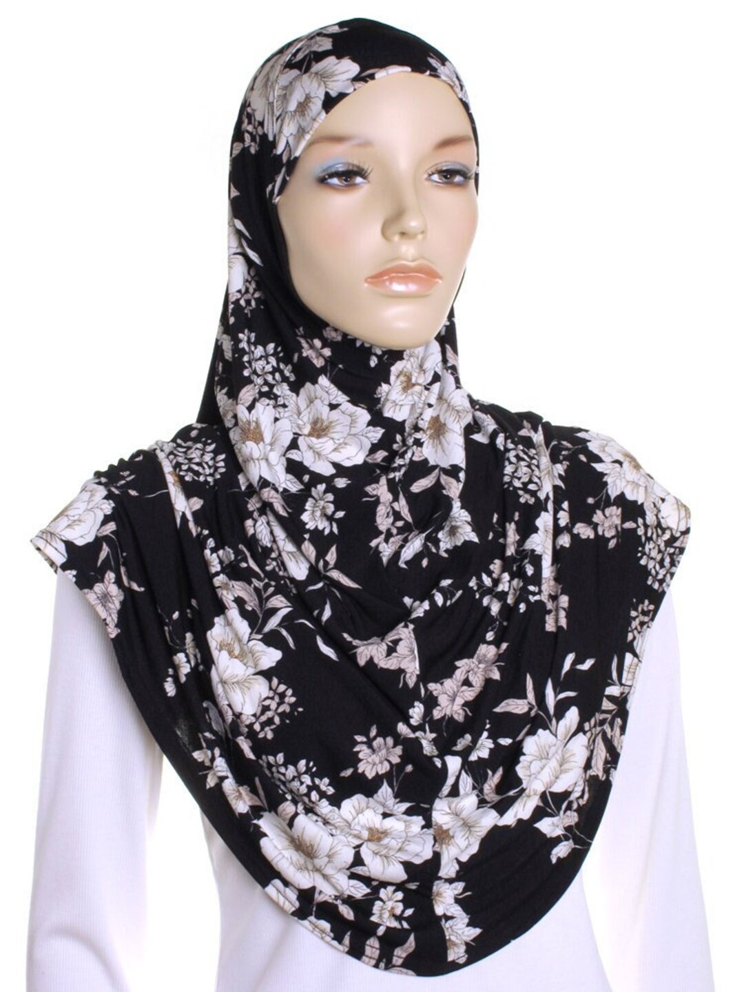 Black Flower Print Instant Hijab, Premium Amira Ameera Jersey Hijab ...