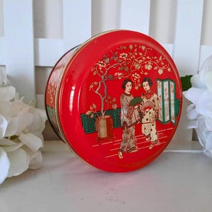 Vintage Asian Tin Round Red Cookie Tin Decorative Storage CASE ...