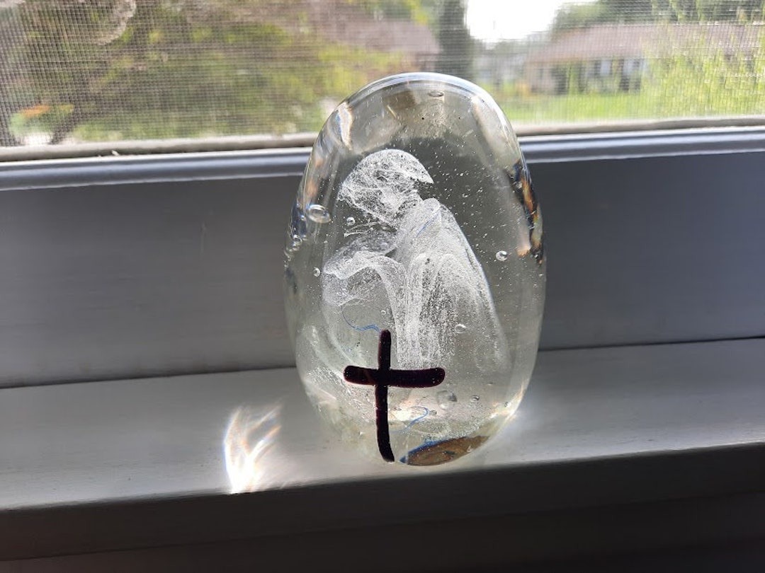 Art Glass Holy Mother and Child Hand Blown Clear Glass Egg Shaped ...