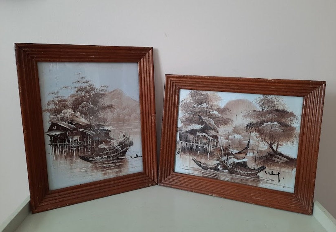 Vintage Pontoon Boat Art Set of 2 Original Paintings Impressionism ...