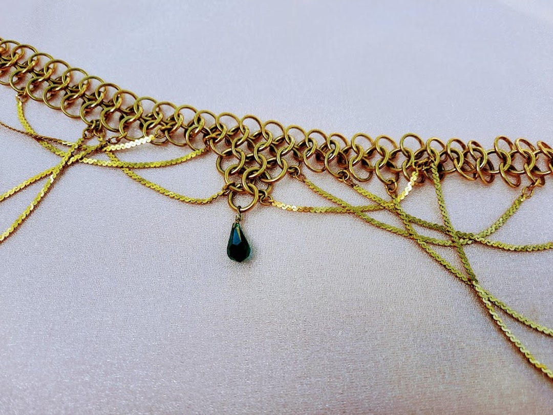 Renaissance Chainmail Gold Headdress With Dangling Green Gem - Etsy