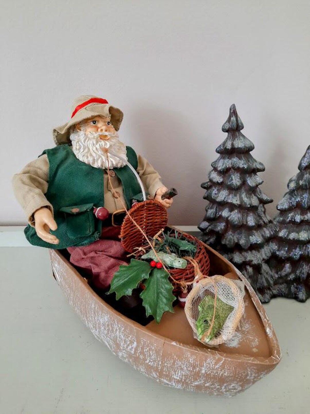 Santa Gone Fishing Figurine Santa Claus in a Fishing Boat Lake House ...