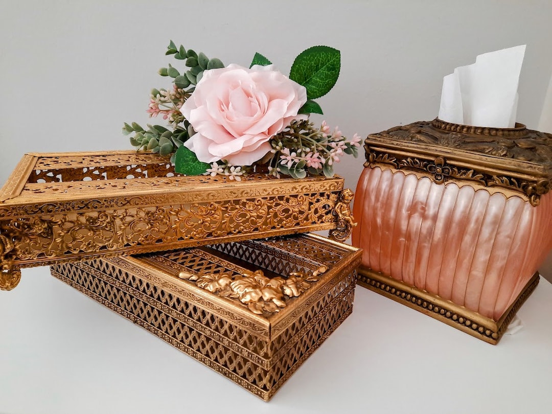 Vintage Tissue Box Cover Hollywood Regency Gold 1960's Filigree Tissue ...