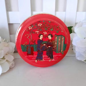 Vintage Asian Tin Round Red Cookie Tin Decorative Storage CASE ...