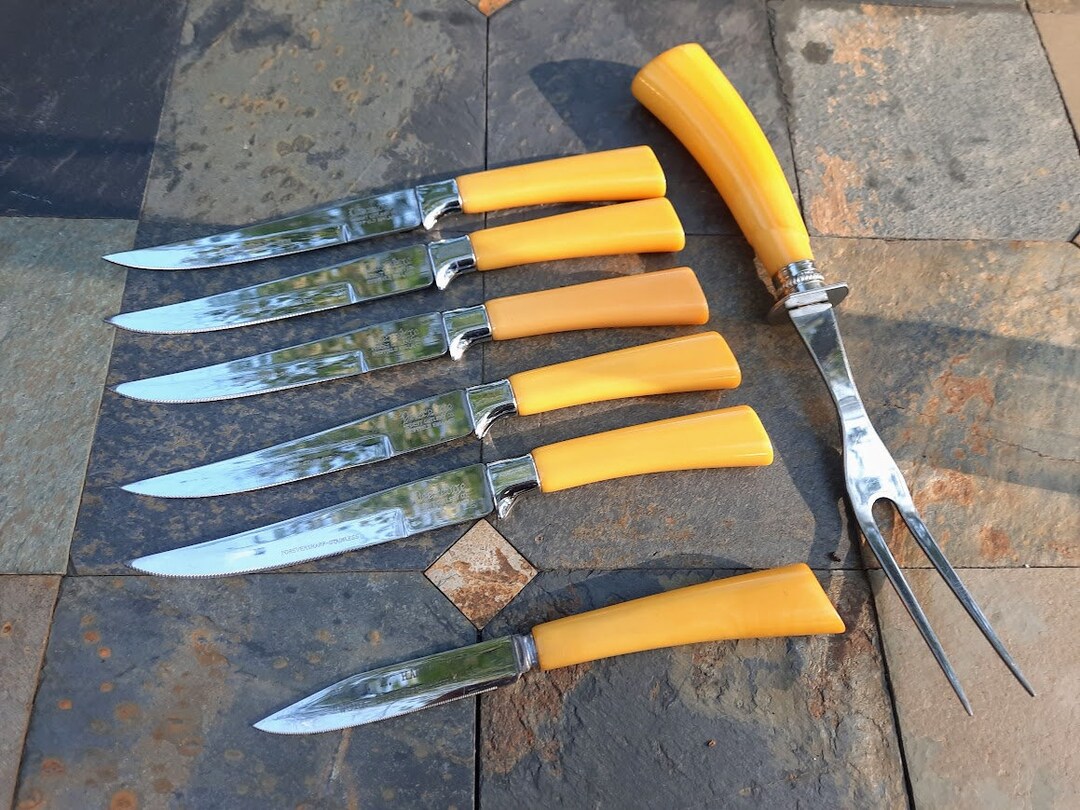 Vintage Yellow Bakelite Assorted Cutlery Pairing Knife Meat Fork ...