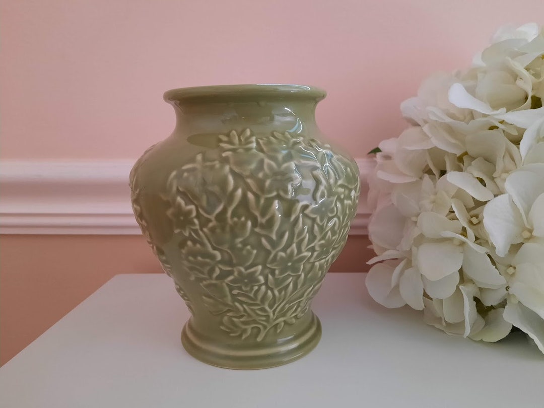 Vintage LONGABERGER Pottery Vase Sage Green Ceramic Embossed Flower Pot ...