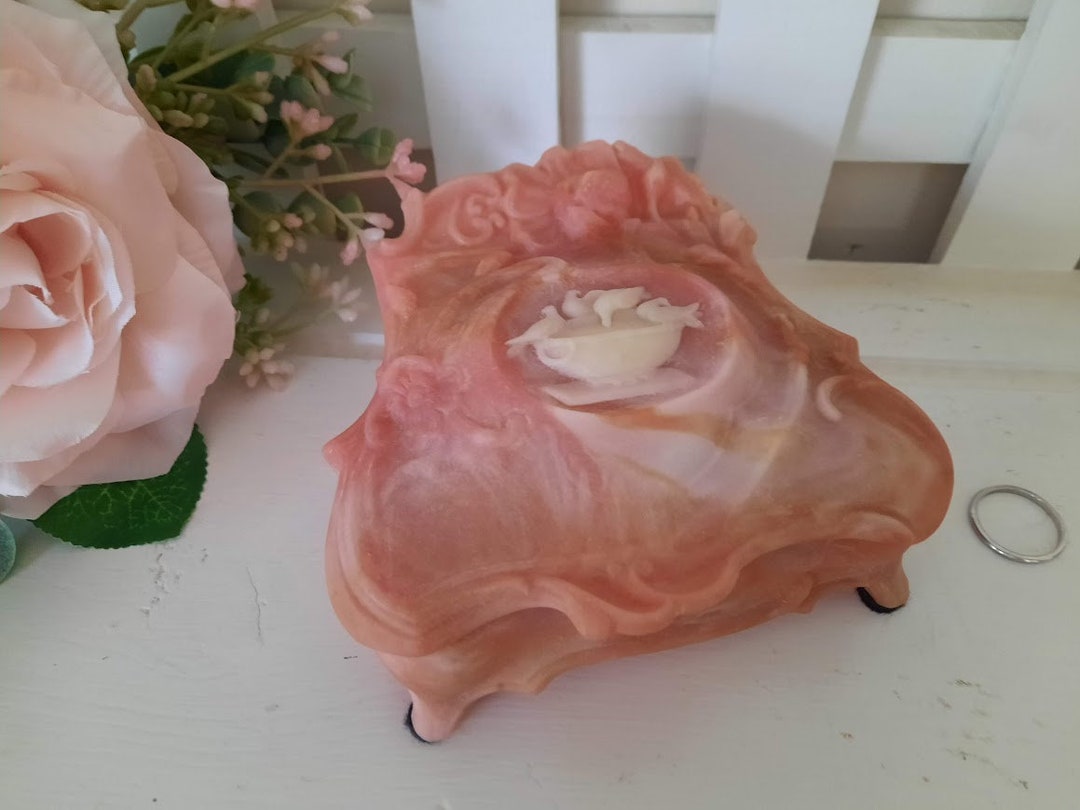 Vintage INCOLAY Stone Jewelry Box Pink Hinged Carved Ring Box With ...
