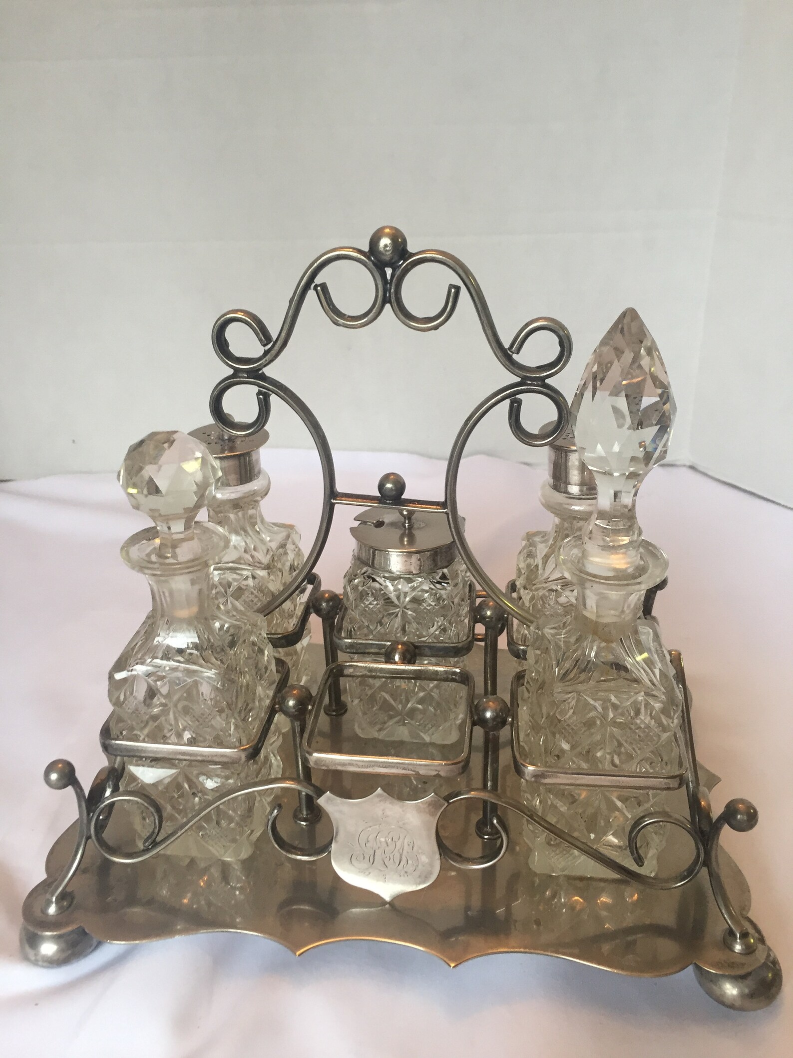 Antique Victorian Cut Crystal 5 Pieces Cruet Set Crystal on Silver ...