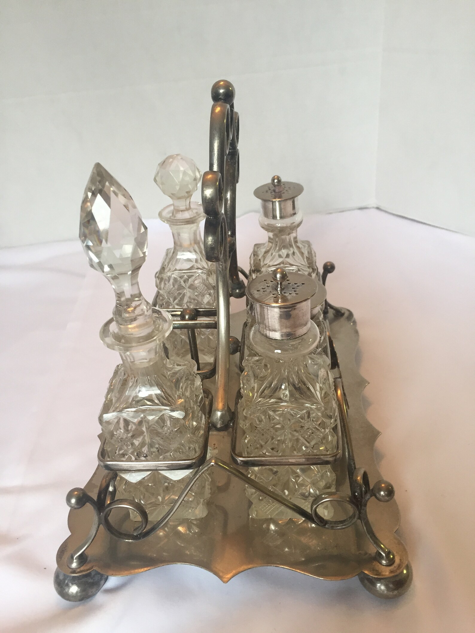 Antique Victorian Cut Crystal 5 Pieces Cruet Set Crystal on Silver ...