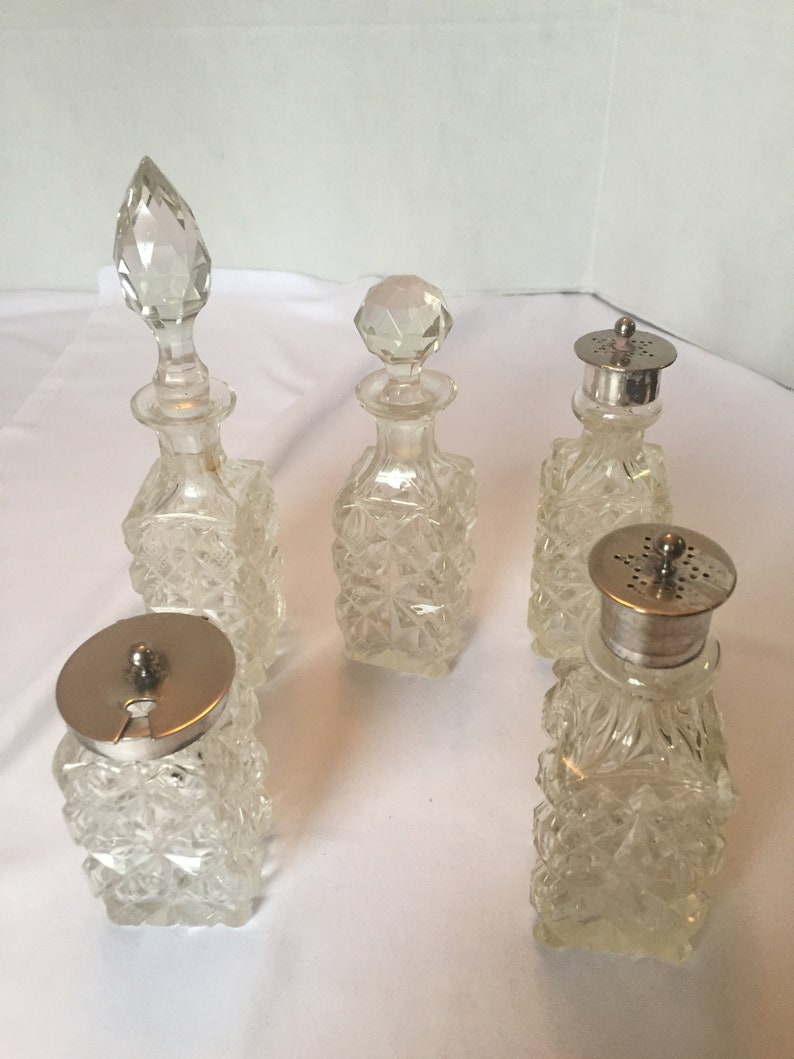 Antique Victorian Cut Crystal 5 Pieces Cruet Set Crystal on Silver ...