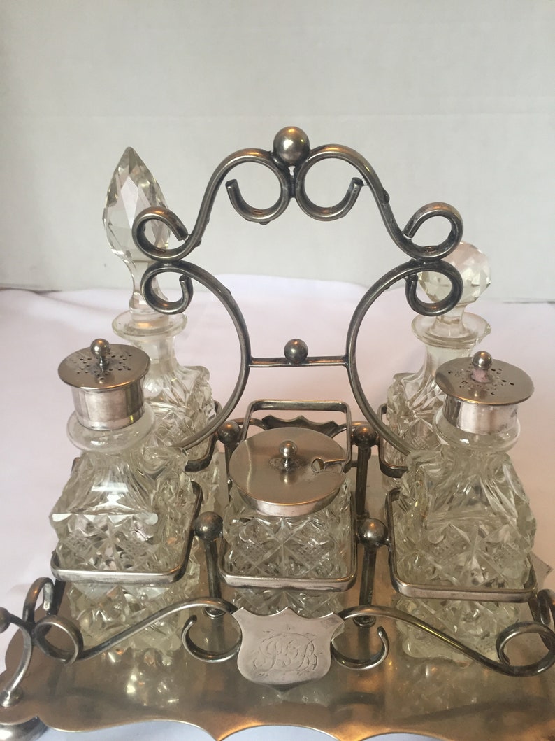 Antique Victorian Cut Crystal 5 Pieces Cruet Set Crystal on Silver ...