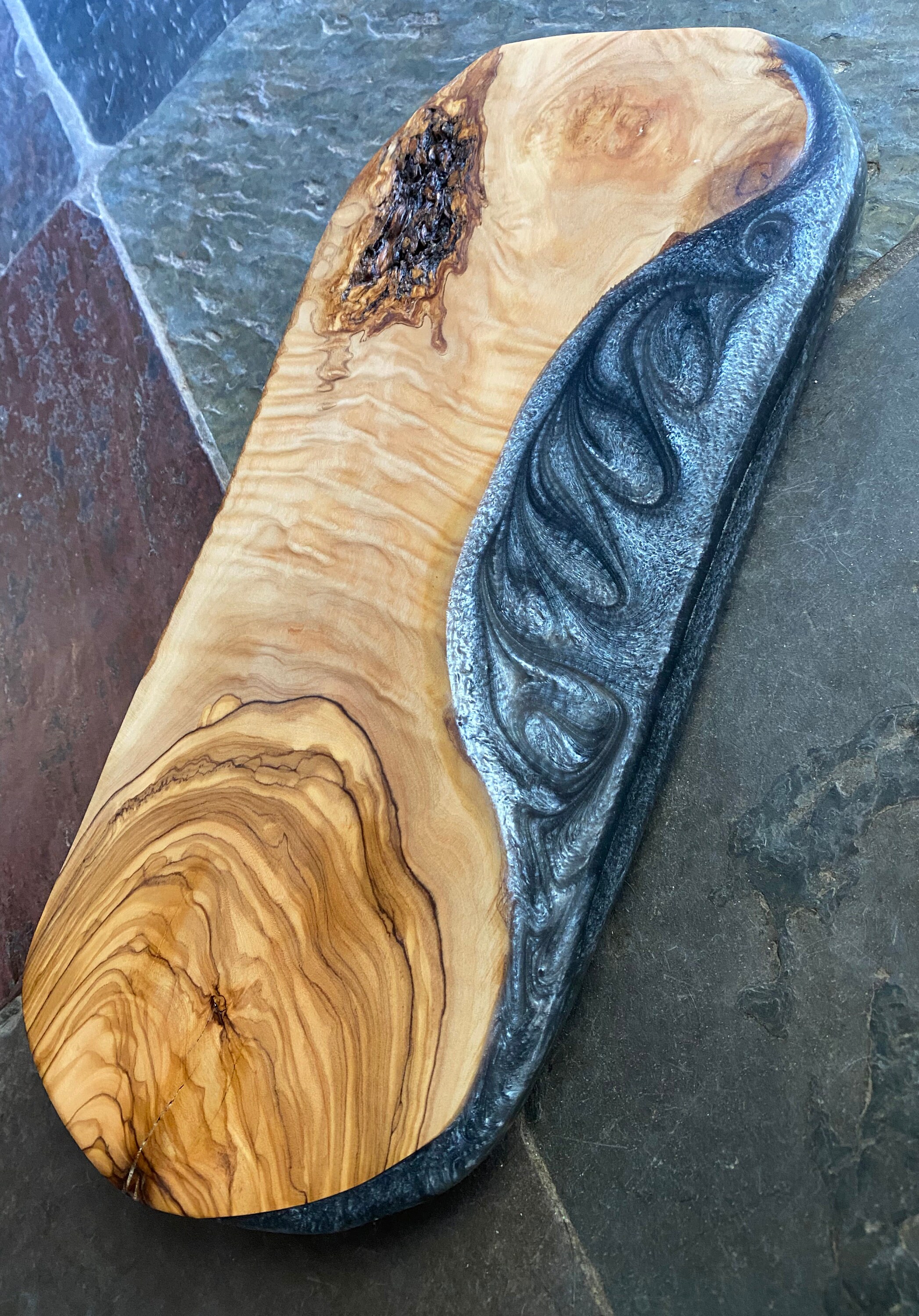 Charcuterie Olive Wood Board, Swirled Pewter & Silver Resin Along the ...
