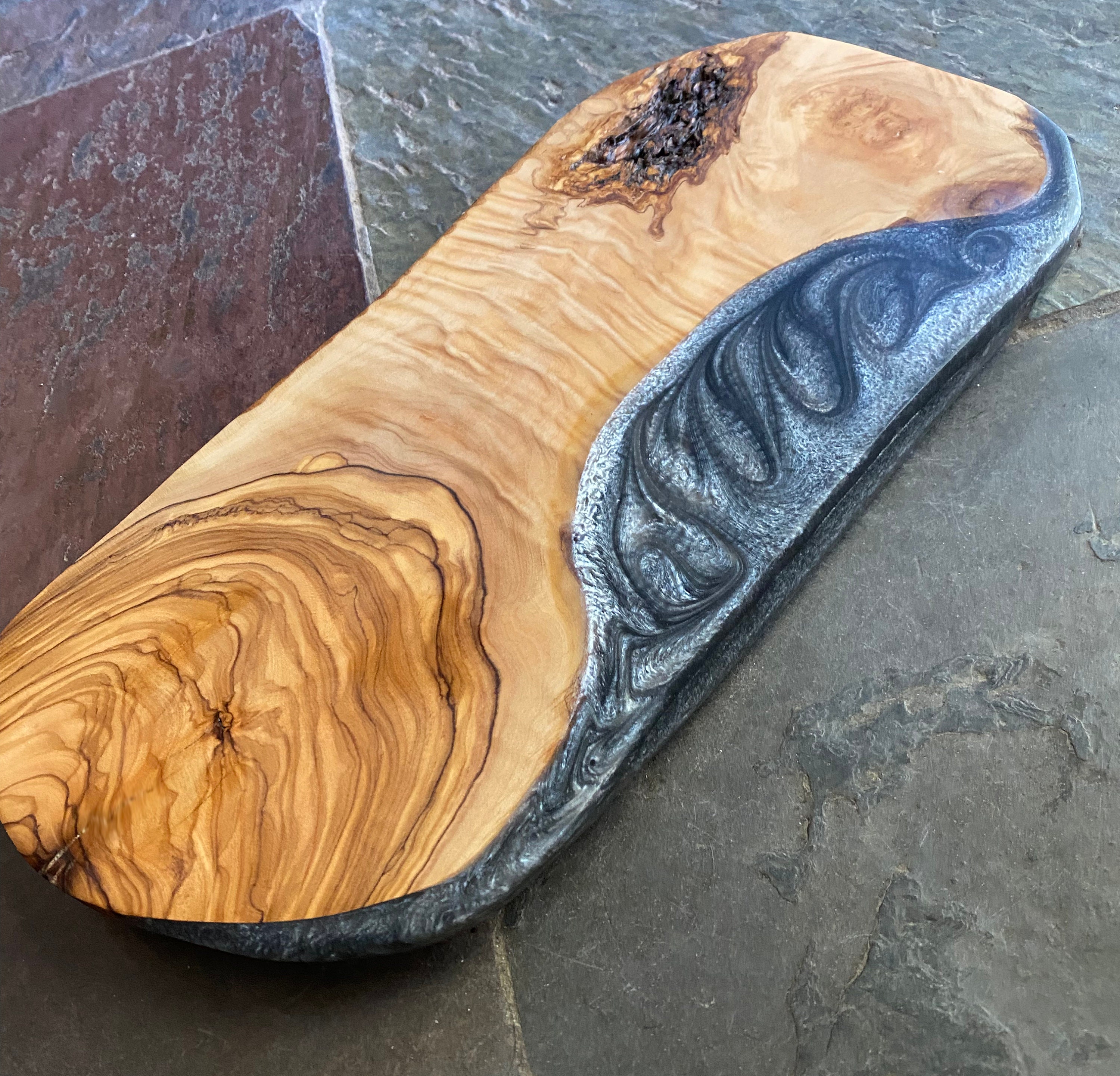 Charcuterie Olive Wood Board, Swirled Pewter & Silver Resin Along the ...
