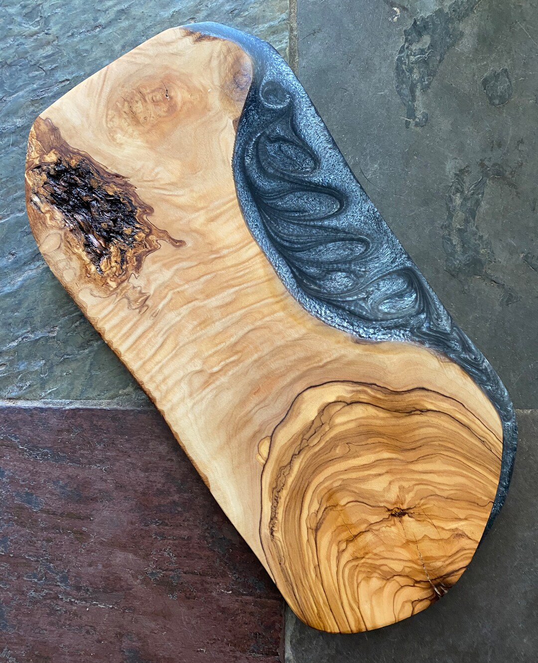 Charcuterie Olive Wood Board, Swirled Pewter & Silver Resin Along the ...