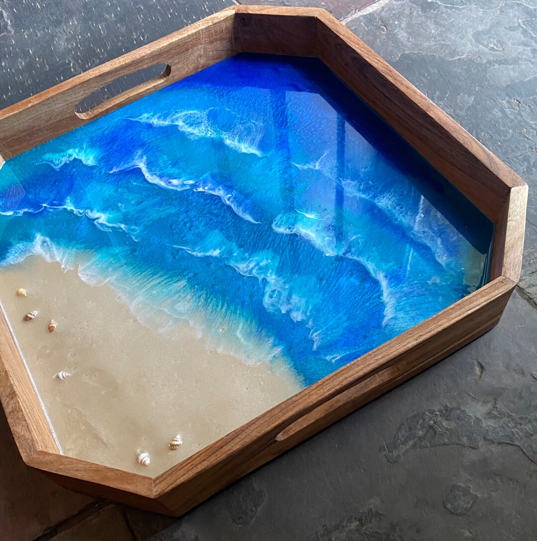 Octagon Solid Wood Serving Tray With Resin Beach Scene Inlay, Seashells ...
