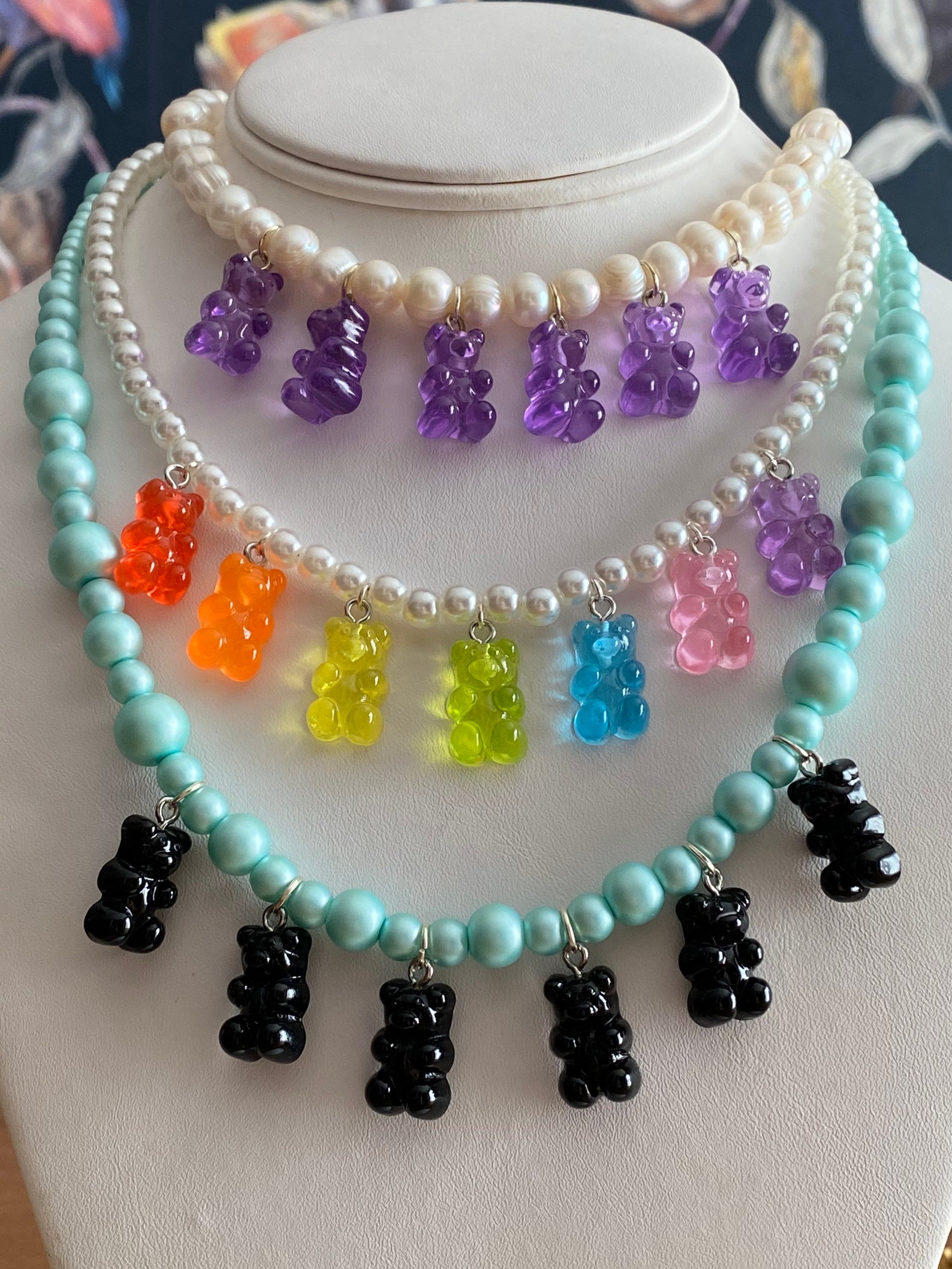 Pearl Beaded Necklace With Rainbow Gummy Bear Charms. Stylish | Etsy