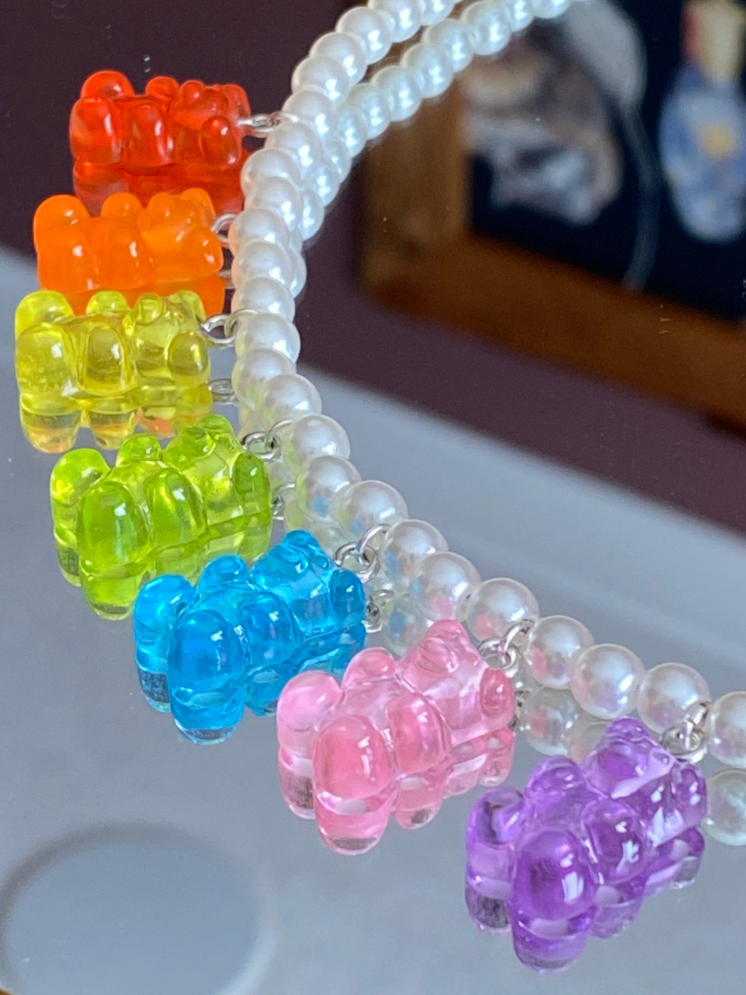 Pearl Beaded Necklace With Rainbow Gummy Bear Charms. Stylish and Fun ...