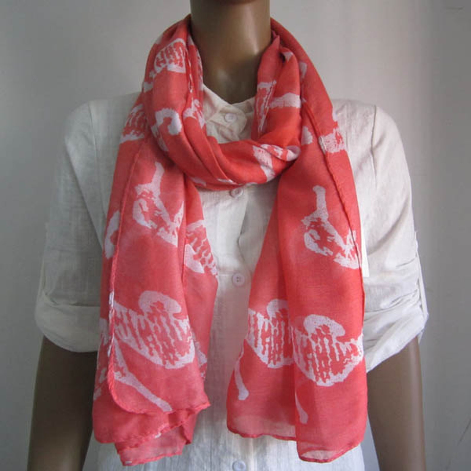 Coral Scarf Printed Scarf Pink Scarf Lightweight Scarf Coral - Etsy