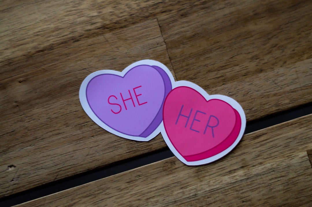 SHE HER Pronoun Sticker, Candy Hearts, Gender Decal - Etsy