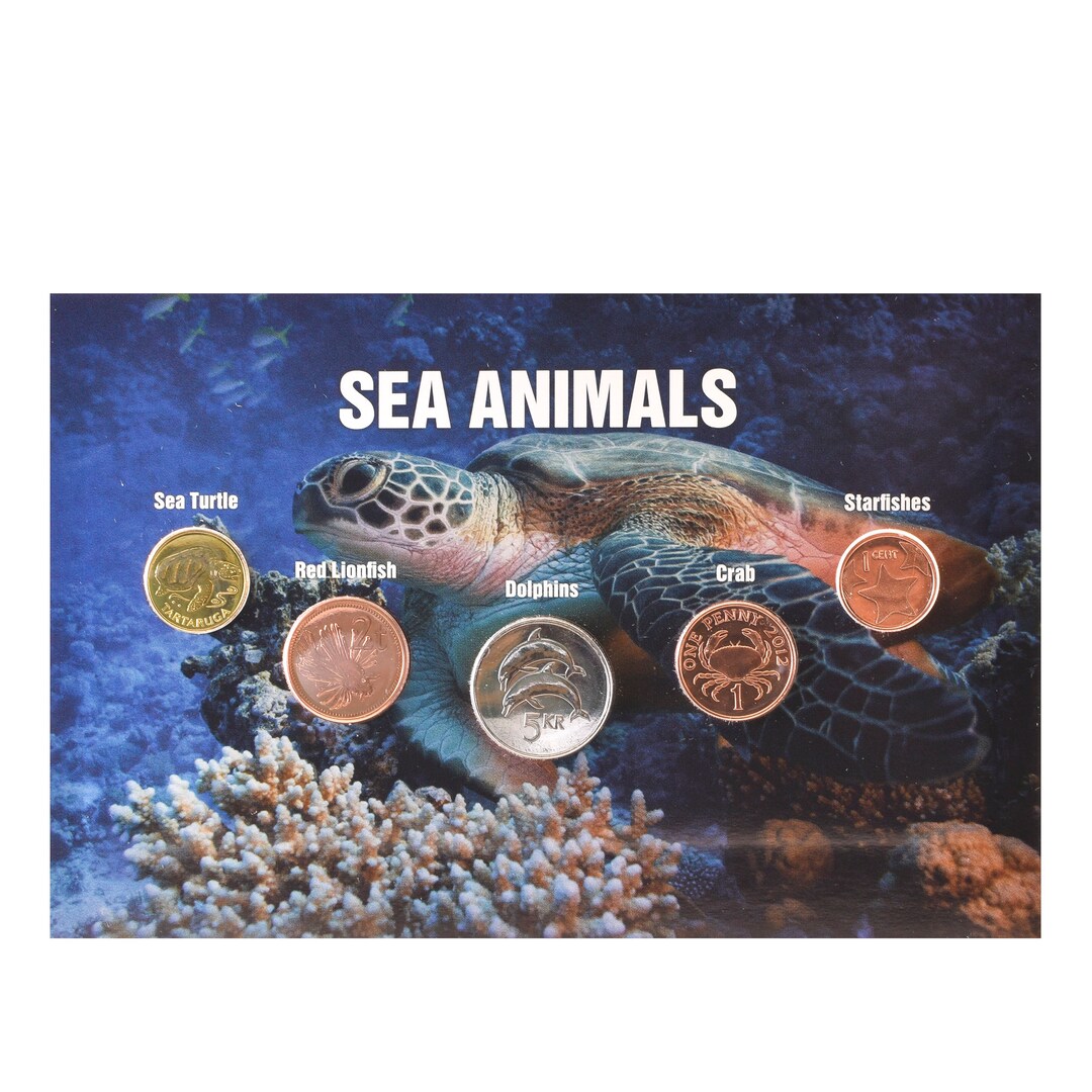 Sea Animals | 5 Coin Set | Turtle | Red Starfish | Dolphin | Crab ...