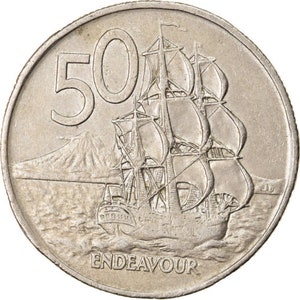 New Zealand 50 Cents Coin | Captain James Cook | HMS Endeavour | 1967 ...