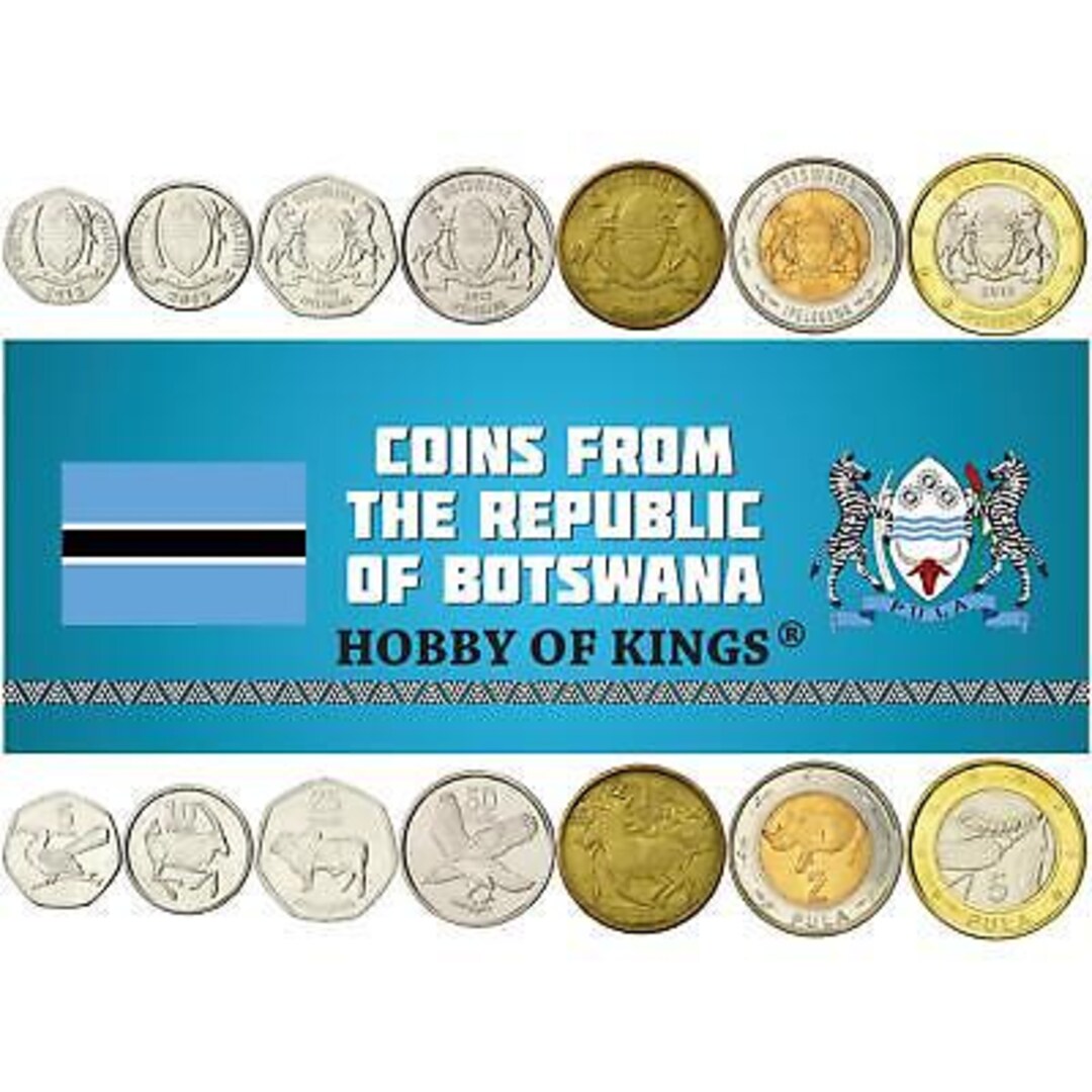 Batswana 7 Coin Set 5 10 25 50 Thebe 1 2 5 Pula | Eagle | Botswana ...
