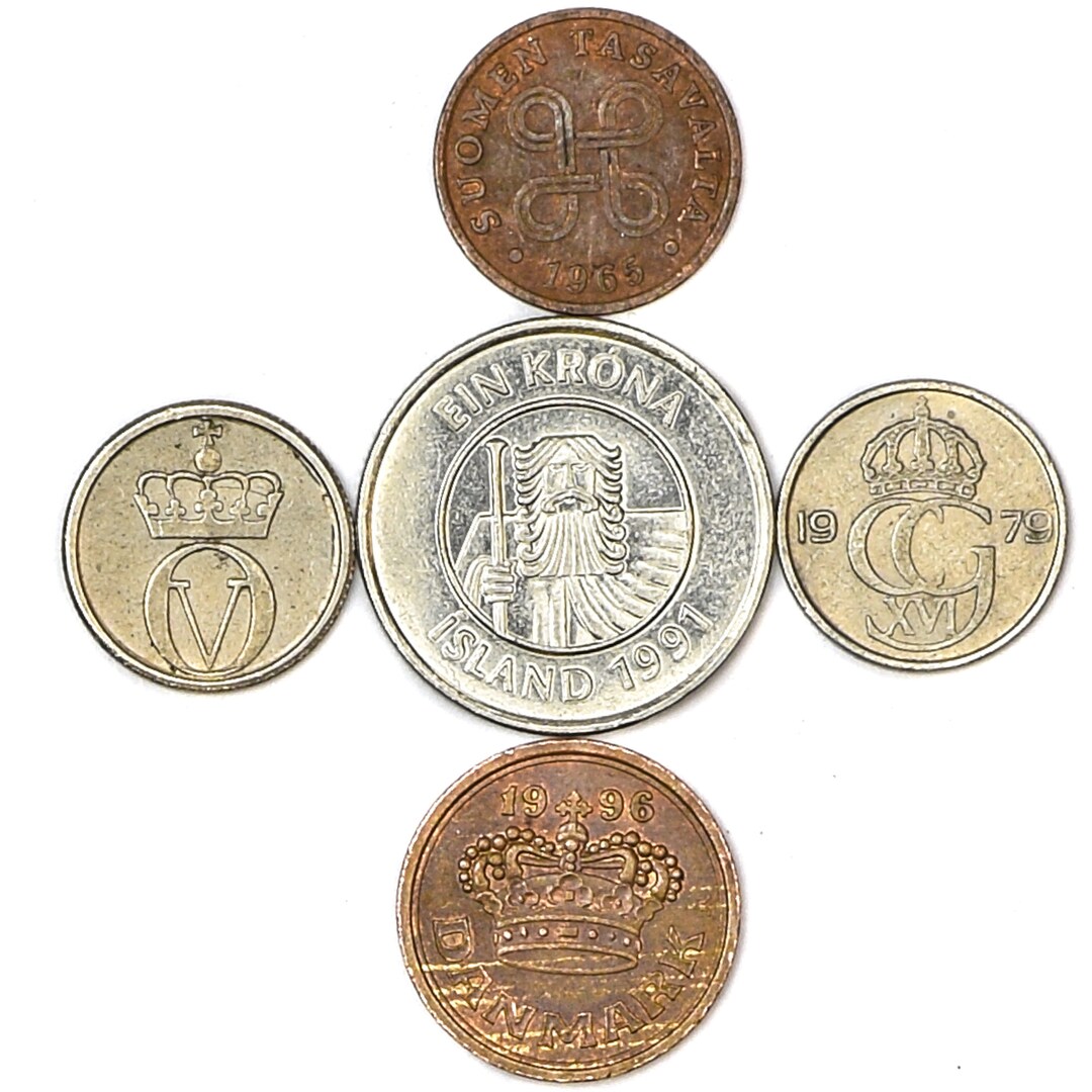 5 Scandinavian Coins From Norway, Sweden, Finland, Denmark and Iceland ...