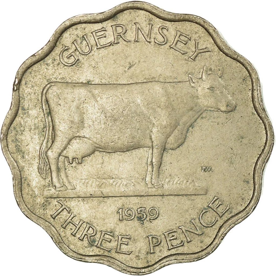 Guernsey | 3 Pence Coin | Queen Elizabeth II | Cattle | KM18 | 1959 ...