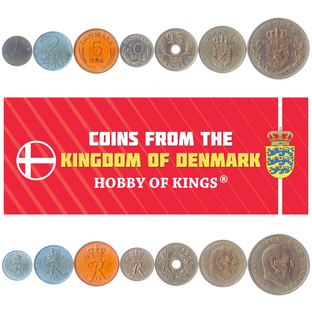 Danish 7 Coin Set 1 2 5 10 25 Øre 1 5 Kroner | Oak Branch | Frederik IX ...