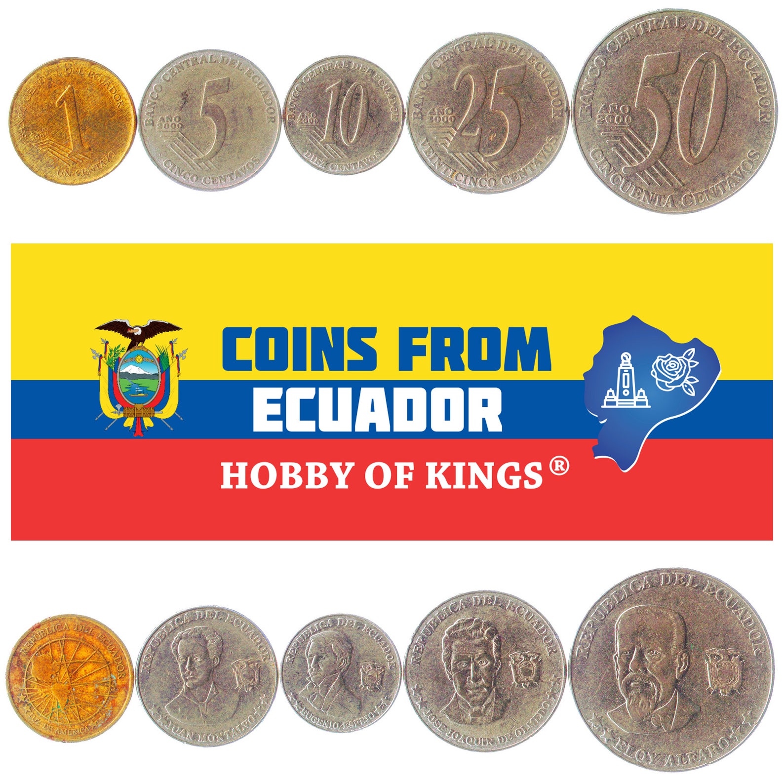 Set of 5 Coins from Ecuador: 1 5 10 25 50 Centavos. | Etsy