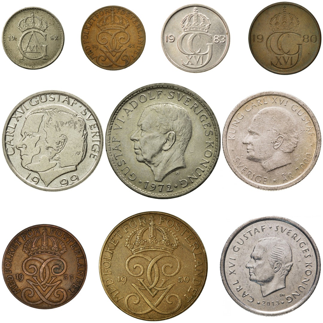 10 Sweden Coins | Swedish Currency Collection | 1 2 5 10 25 Ore 1 5 ...