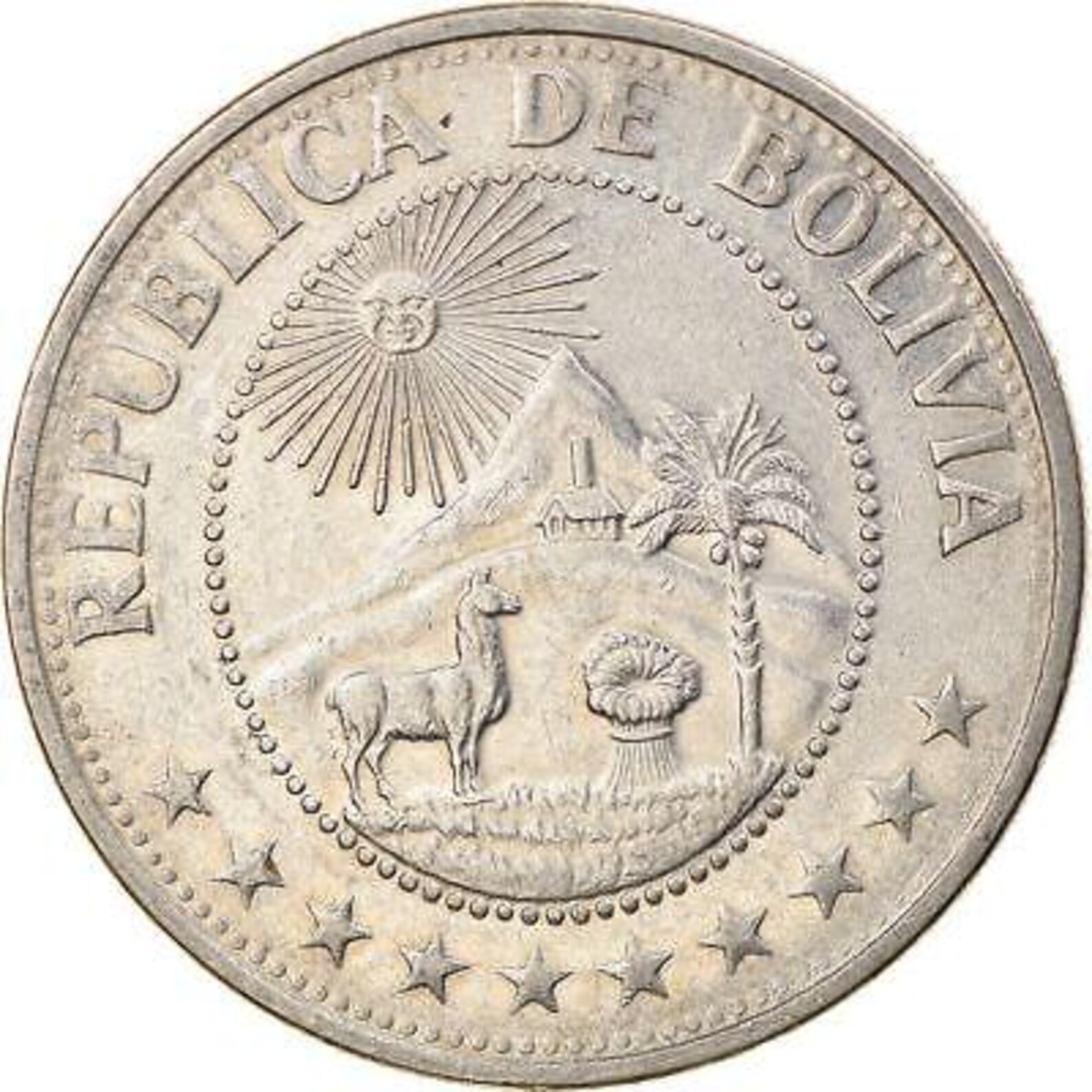 Bolivian | 1 Boliviano Coin | Mountains | Chapel | Tree | Lama | 1968 ...