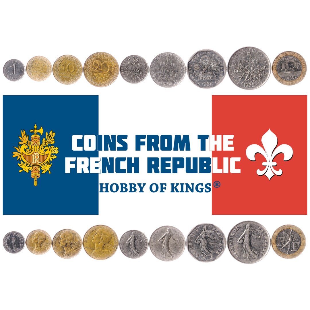 9 Coins From France. Money Set: 1, 5, 10, 20 Centimes, 1/2, 1, 2, 5, 10 ...