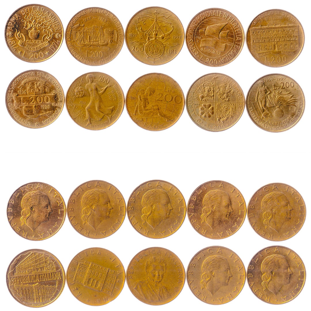 10 Commemorative Italian 200 Lire Coins 1980 1981 1989 1990 1992 1993 ...
