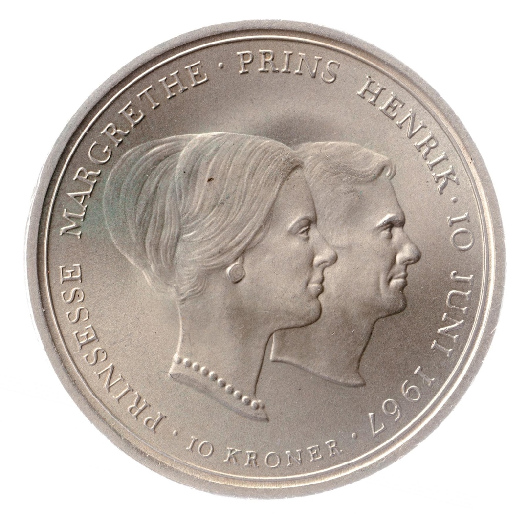 Moneda danesa de plata 10 coronas / Boda Frederik IX / Princesa reina ...