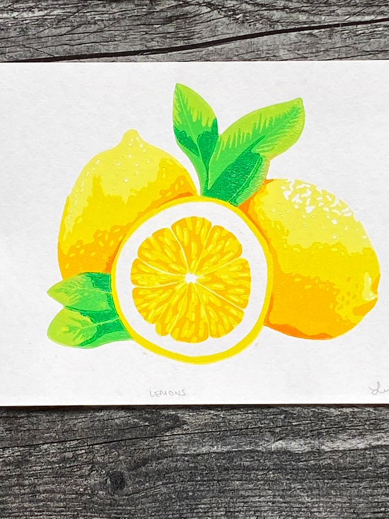 Wood & Linocut Prints Home Decor Handmade Lemons Lino Print Lemon Print ...