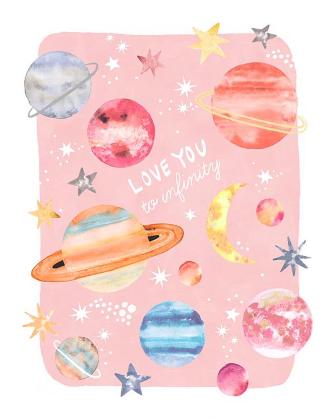 Pink - Planets - Stars - Outer Space - Solar System - Kids - Watercolor ...
