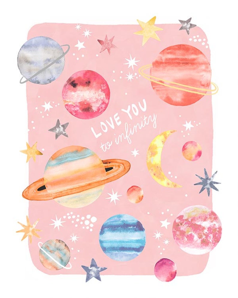 Pink - Planets - Stars - Outer Space - Solar System - Kids - Watercolor ...