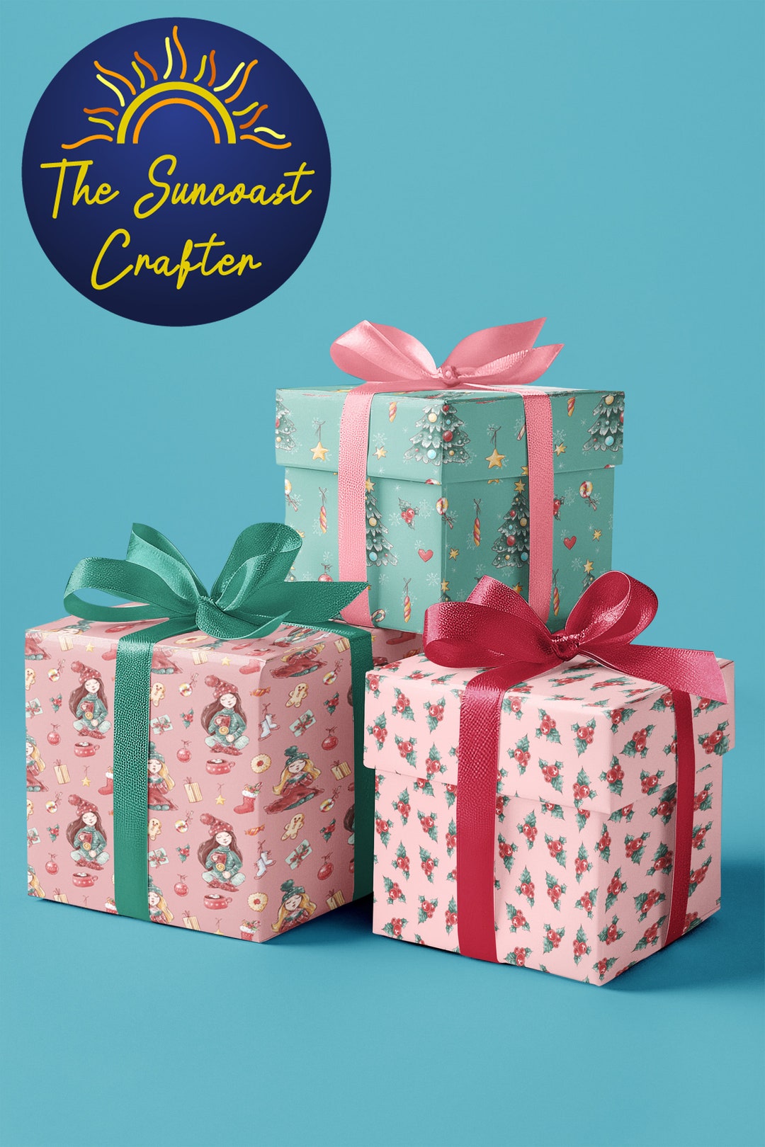 Girl's Christmas, Wrapping Paper Set, Girlie Gift, Festive Pink Holiday ...